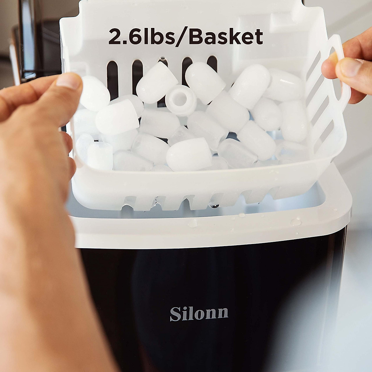 Silonn Ice Maker Countertop - 9 Cubes Ready in 6 Mins, Self-Cleaning Ice Machine with Ice Scoop and Basket, 2 Sizes of Bullet Ice