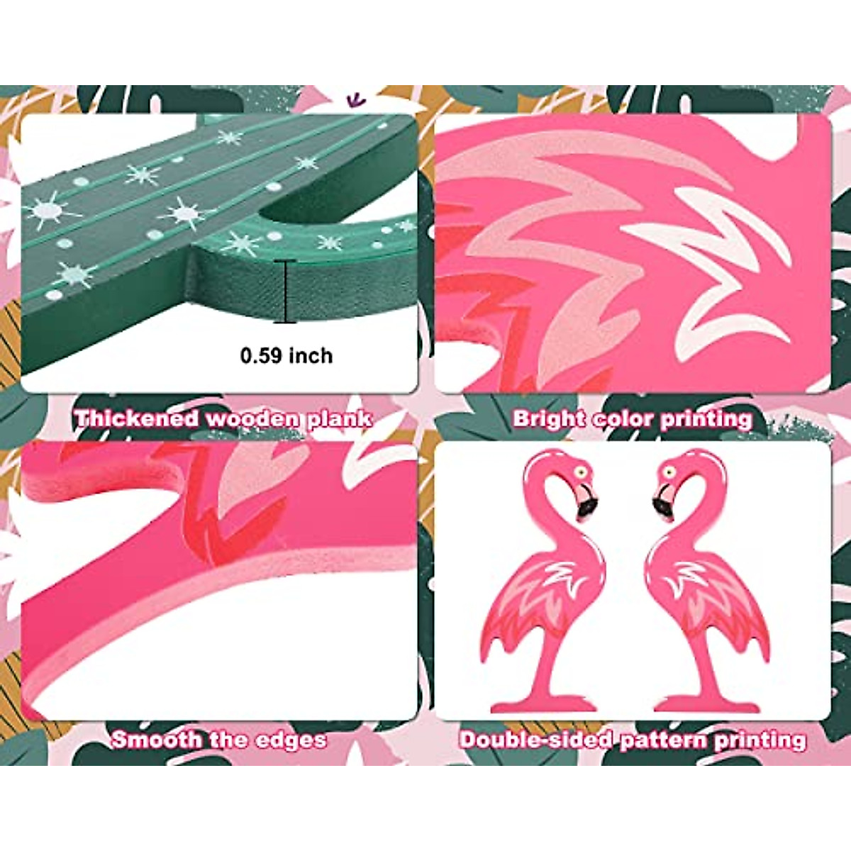 Summer Wooden Signs Hawaii Luau Party Wooden Blocks Summer Home Decorations Tropical Cactus Flamingo Pineapple Monstera Wood Table Centerpiece for Summer Home Table Luau Party, 4 PCS