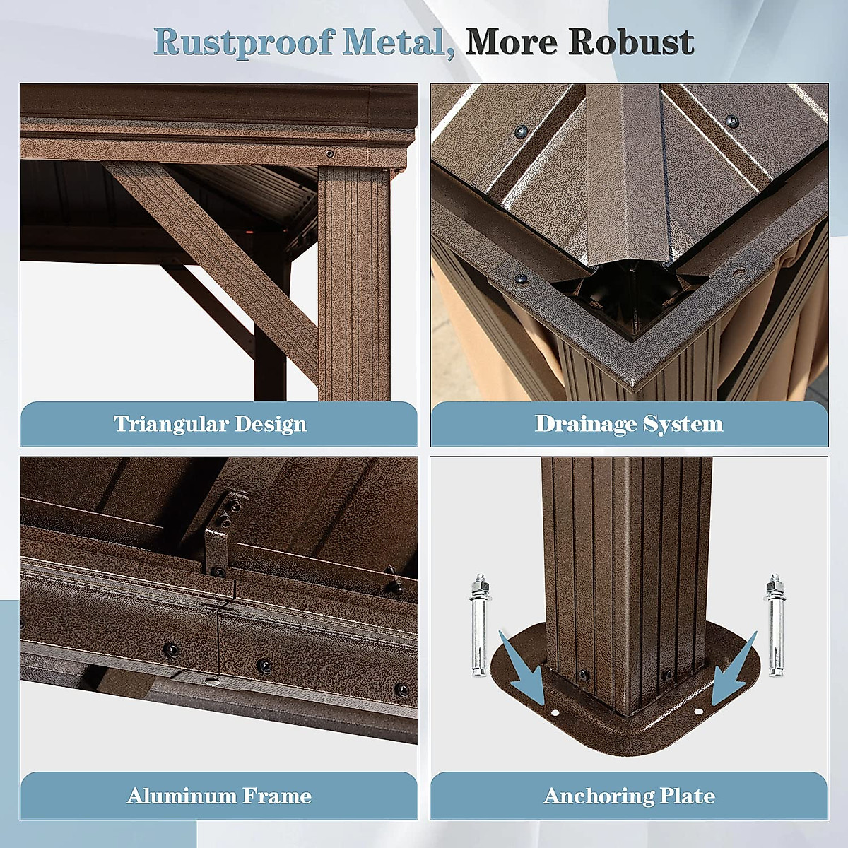 MELLCOM 12' x 14' Hardtop Gazebo, Brown Permanent Pavilion Gazebo with Curtains and Netting, Galvanized Steel Metal Double Roof Aluminum Gazebo with Aluminum Frame for Patios, Gardens, Lawns