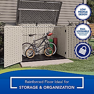 Suncast 5. 4 ft. x 3. 2 ft Horizontal Stow-Away Storage Shed - Natural Wood-like Outdoor Storage for Trash Cans and Yard Tools - All-Weather Resin, Hinged Lid, Reinforced Floor - Vanilla and Stoney
