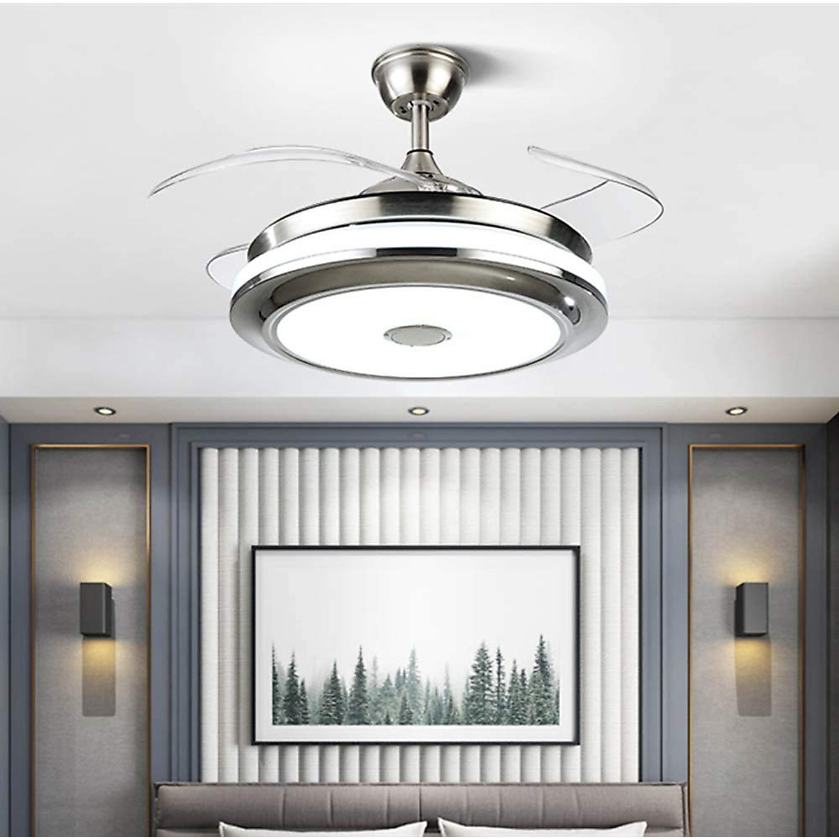 Fandian 36'' Modern Ceiling Fans with Light Smart Bluetooth Music Player Chandelier 3 Colors 3 Speeds Invisible Blades with Remote Control, Silent Motor with LED Kits Included (36inch-1)