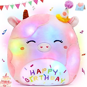 CozyWorld Light up Musical Happy Birthday Cow Plush Pillow,LED Stuffed Animals,Pink Cow Glowing Singing Plush Toy,Cute Plushie Doll Birthday Gift for Toddler Boys Girls,14''