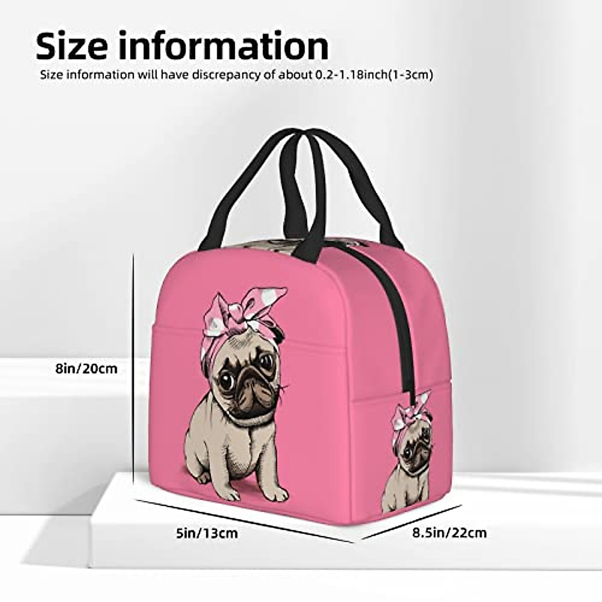 PrelerDIY Cute Pink Pug Lunch Box - Insulated Lunch Bags for Kids Boys Girls Reusable Lunch Tote Bags, Perfect for School/Camping/Hiking/Picnic/Beach/Travel