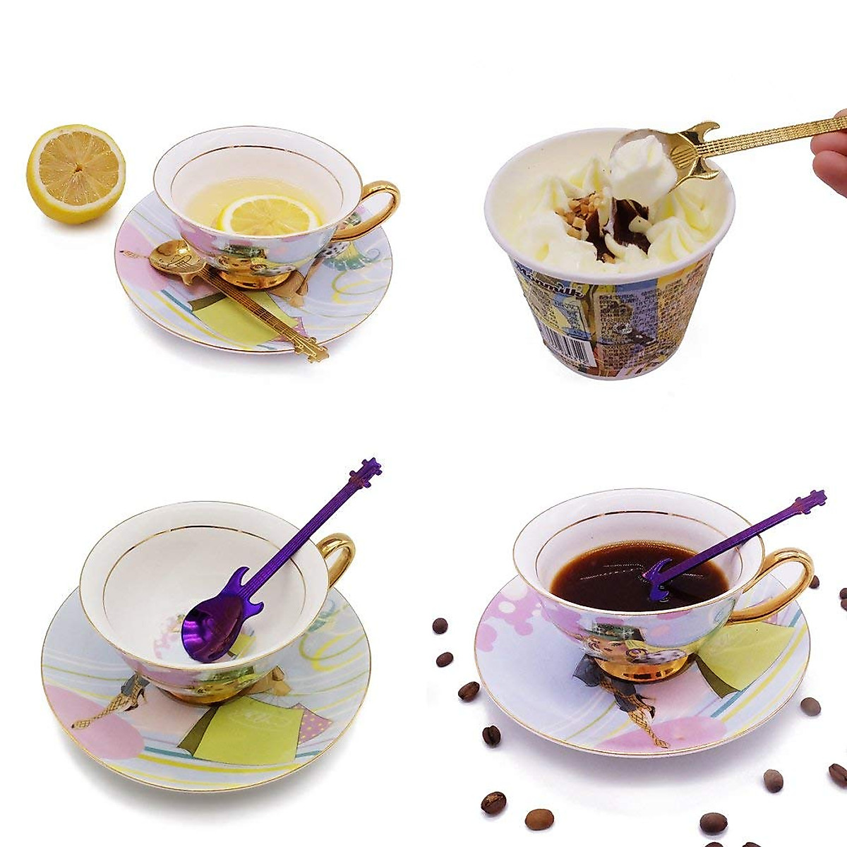 COMIART Creative Guitar Coffee Tea Spoons, 18/10 Stainless Steel Stirring Mixing Spoons, Fun Gift for Music Lover, 4.7 Inch Cute Sturdy Teaspoons, Pack of 4, Silver