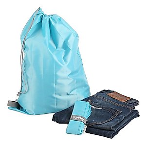EzPacking Travel Laundry Bag with Drawstring/Foldable Compact Lightweight Small Travel Size for Suitcase / (22” X 16”) / Clean Dirty Clothes Wash Bag/Nylon Blue/Washable/For Women Men Kids Baby