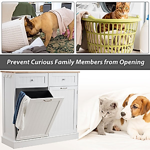 Spurgehom Dual Door Trash Cabinet Kitchen Waste Bins, Laundry Hamper Tilt Out Trash Can Cabinet with Hideaway Drawer Storage Bag,13 Gallons Pet Proof Trash Can for Living Room, White
