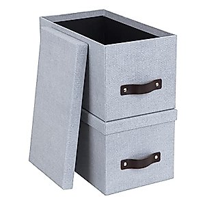 Bigso Silvia Organizational Storage Box | Photo Storage Box with Leather Handle for Shelves and Stacks Easily | Durable and Decorative Storage Boxes with Lids (Ash / 2 Pack)