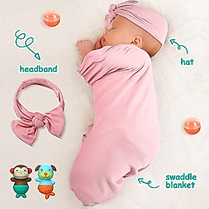 4 Set Newborn Swaddle and Headband Set Cotton Swaddle Hat Set Wrap Receiving Stretchy Swaddle Blankets Swaddle and Bow Set Newborn Beanie Newborn Hat and Swaddle (Light Green, Gray, Pink, Light Khaki)