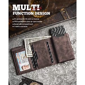 DUGRAFT Card Holder Wallet with ID Window, Leather Mens RFID Blocking Minimalist Pop-Up Wallet Aluminum Metal Credit Card Case with Banknote Compartment