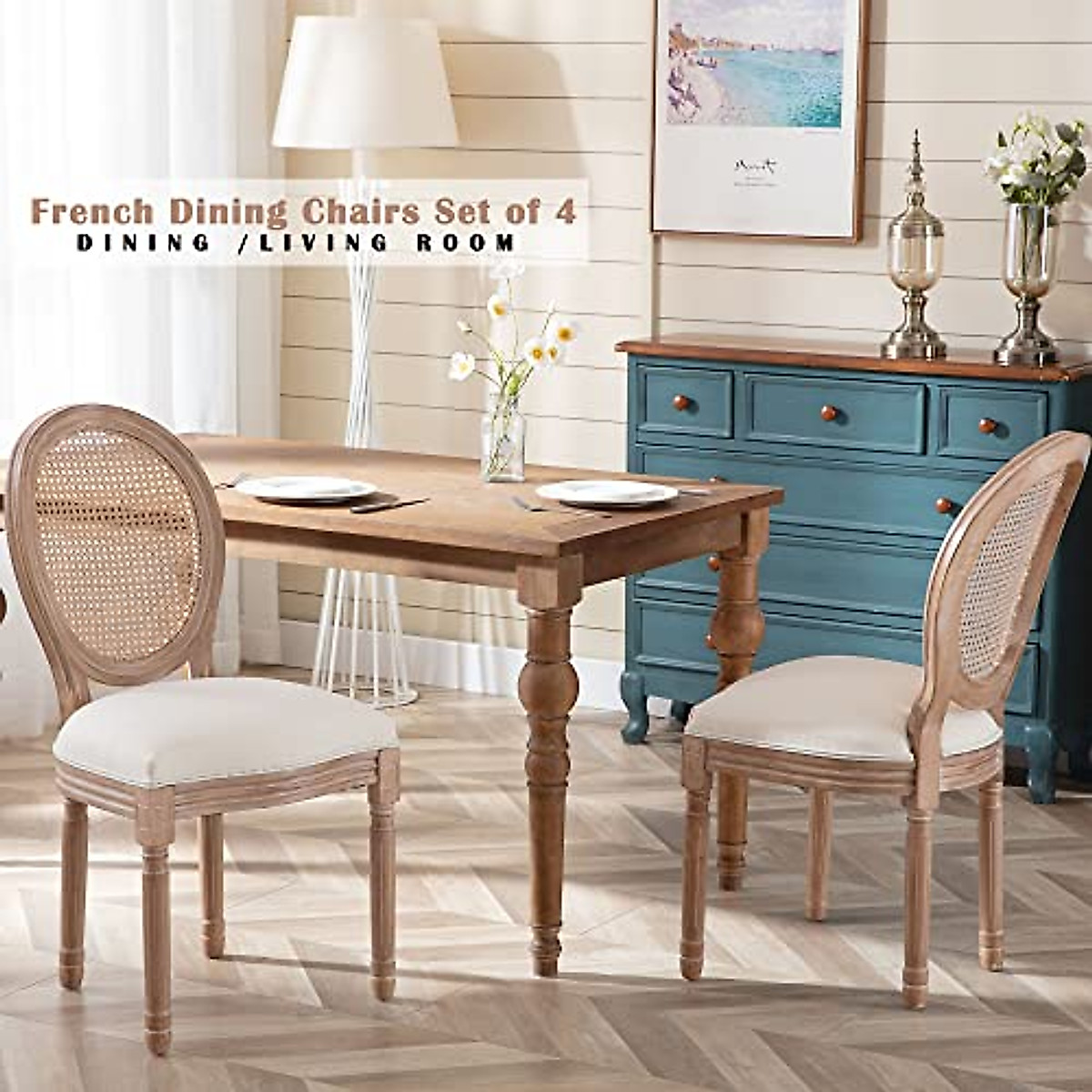Nrizc Farmhouse Fabric Dining Room Chairs Set of 4, French Chairs with Round Back, Rattan Dining Chair, Oval Side Chairs for Dining Room/Living Room/Kitchen/Restaurant