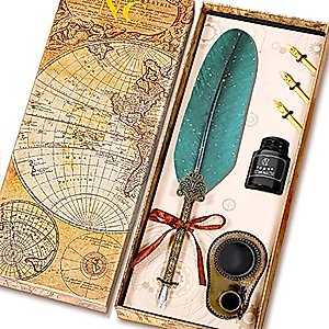 NC Quill Pen Ink Set, Feather Pen Ink Set, Feather Calligraphy Pen Set, Christmas gifts, Valentine’s Day Gift, Birthday Gift, Calligraphy Set Holiday Ideal Gift.(Green)