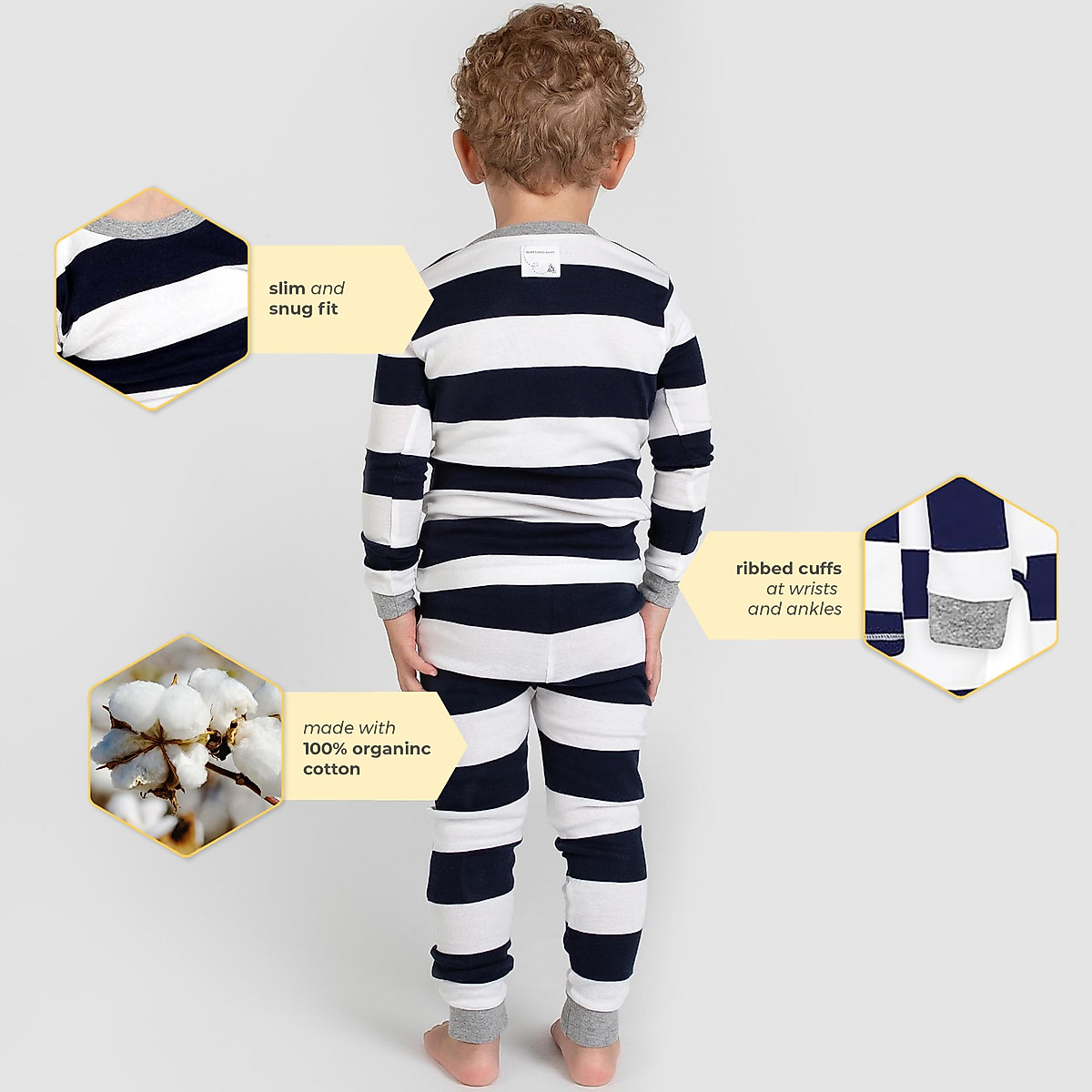 Burt's Bees Kids Boys' Toddler Pajama Tee and Pant Set, 100% Organic Cotton, Midnight Rugby Stripe, 7 Years