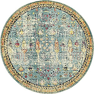 Unique Loom Monterey Collection Vintage Bohemian Inspired with Distressed Tribal Design Area Rug, Round 8' 0" x 8' 0", Blue/Yellow