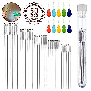 Large-Eye Needles for Hand Sewing, 50pcs Premium Large Eye Sewing Needles with Threaders and Storage Tube 5 Size Large Eye Pointed Stitching Needles for Stitching Crafting Projects and Embroidery