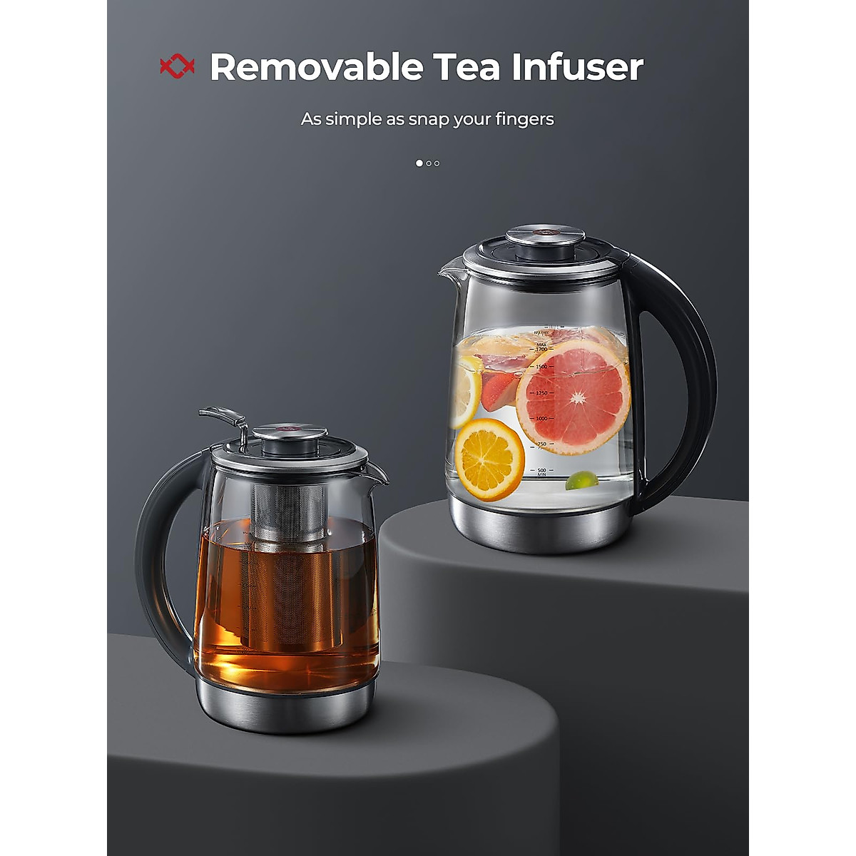 Tea Kettle Electric, AMEGAT Tea Pot with Removable Infuser, 9 Preset Brewing Programs Tea Maker with Temperature Control, 2 Hours Keep Warm, 1.7L Electric Kettles, 1200W, Glass and Stainless Steel