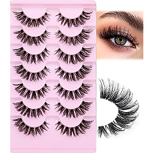 False Lashes Clear Band Eyelashes Natural Cat Eye Lashes Wispy Fake Eyelashes 16mm Fluffy Mink Lashes Pack 7 Pairs by Yawamica