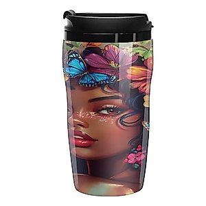 African Am-erican Flower Black Women Travel Coffee Mug Reusable Coffee Cup Tumbler with Lid for Outdoor 250ml