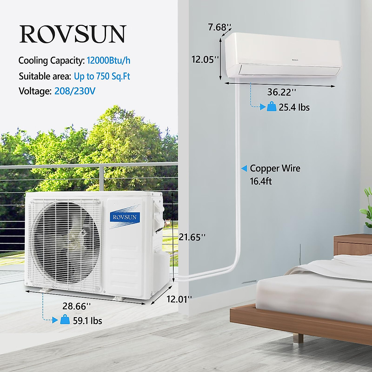 ROVSUN 12,000 BTU WIFI Enabled 23 SEER Mini Split AC/Heating System with Inverter, 230V Ductless Split System Air Conditioner w/Pre-Charged Condenser, Heat Pump & Installation Kit, Works with Alexa