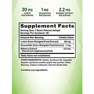 Lutein and Zeaxanthin Supplement | 20mg | 39 Softgels | with Bilberry | Non-GMO & Gluten Free | by Nature's Truth