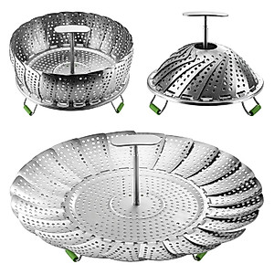 Flexzion Vegetable Steamer Basket for Pot - Stainless Steel Steaming Basket for Veggie, Fish, Meats, Eggs - Extendable Expandable Foldable Steam Basket w/Handle for Various Pot Size, 7 to 11 Inch