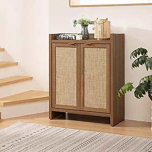 SICOTAS Shoe Cabinet, 24 Pair Shoe Storage Organizer Cabinet, 41" Tall Rattan Shoe Cabinet with Doors and Shelves, 6-Tier Farmhouse Boho Wooden Storage Cabinet for Entryway Hallway Closet