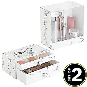 mDesign Decorative Stackable Plastic Makeup Organizers for Bathroom Vanity, Countertop, Cabinet - Easy-Access Cosmetic Storage, 2 Drawer Unit and Tall Bin Box with Lid - Set of 2 - Marble