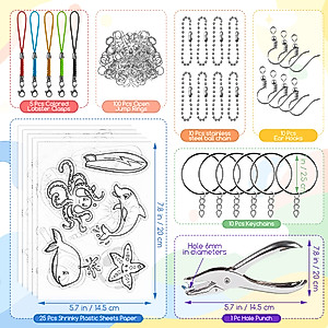 PETDCHEB Shrink Paper Kit, 160 Pieces Art Craft Kit Including 25 Patterned Shrink Plastic Sheets, Keychain and Jewelry Accessories for Kids Creative Craft Making