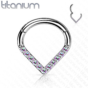 Dynamique Implant Grade Titanium Hinged Segment Hoop Ring With Single Line CZ Paved Chevron (Sold Per Piece)