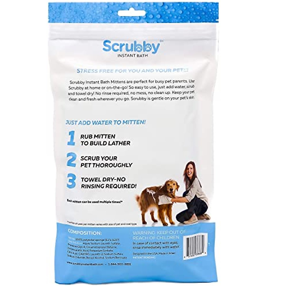 Scrubby Pet No Rinse Pet Wipes, Rinse Free Shampoo Mittens for Dogs and Cats, Bath Wipes for Bathing and Washing Pets, Hypoallergenic No Rinse Wash Mitt for Grooming, Lather Wipe Dry