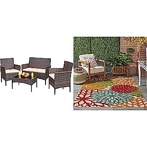 Greesum Patio Furniture 4 Pieces Conversation Sets, Brown and Beige & Nourison Aloha Indoor/Outdoor Green 3'6" x 5'6" Area-Rug, (3x5)