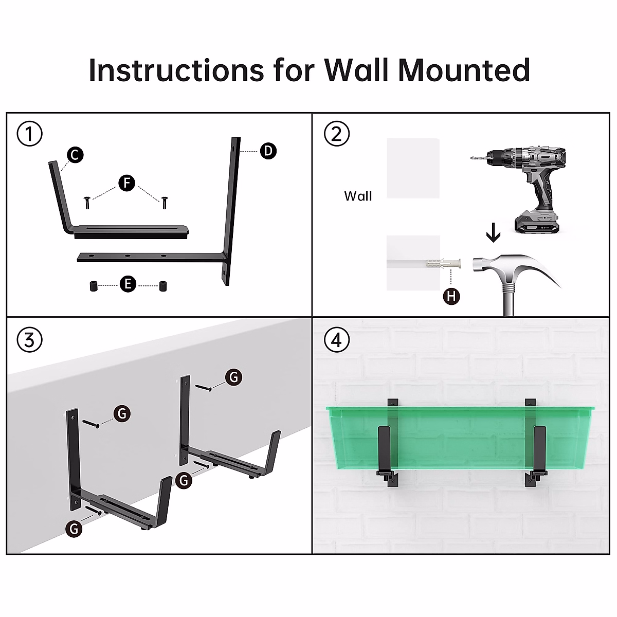 Y&M Adjustable Planter Box Brackets, Brackets for Window Boxes Planters, 4 Packs Universal Outdoor Hanging Brackets, Black Steel Mounting Durable, Suitable for Fence Pergola Patio Garden Balcony