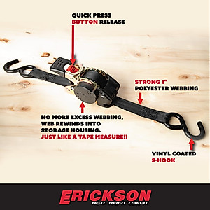 Erickson 34413 Pro Series Black 1" x 6' Retractable Ratcheting Tie-Down Strap, 1500 lb Load Capacity, (Pack of 2)