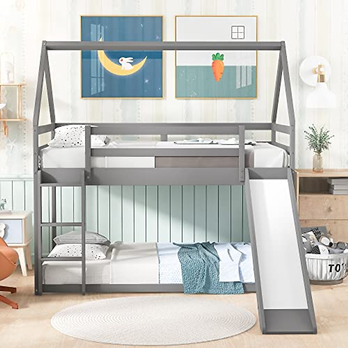 Twin Size Bunk House Bed with Convertible Slide and Ladder,Twin Over Twin Wooden Bed Frame with Guardrails for Kids Teens Girls Boys,Gray