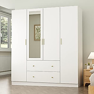 ECACAD Wardrobe Armoire with Mirror, 5-Tier Shelves, 2 Drawers, 2 Hanging Rods and 4 Doors, Wooden Closet Storage Cabinet for Bedroom, White (63”W x 19.7”D x 70.9”H)