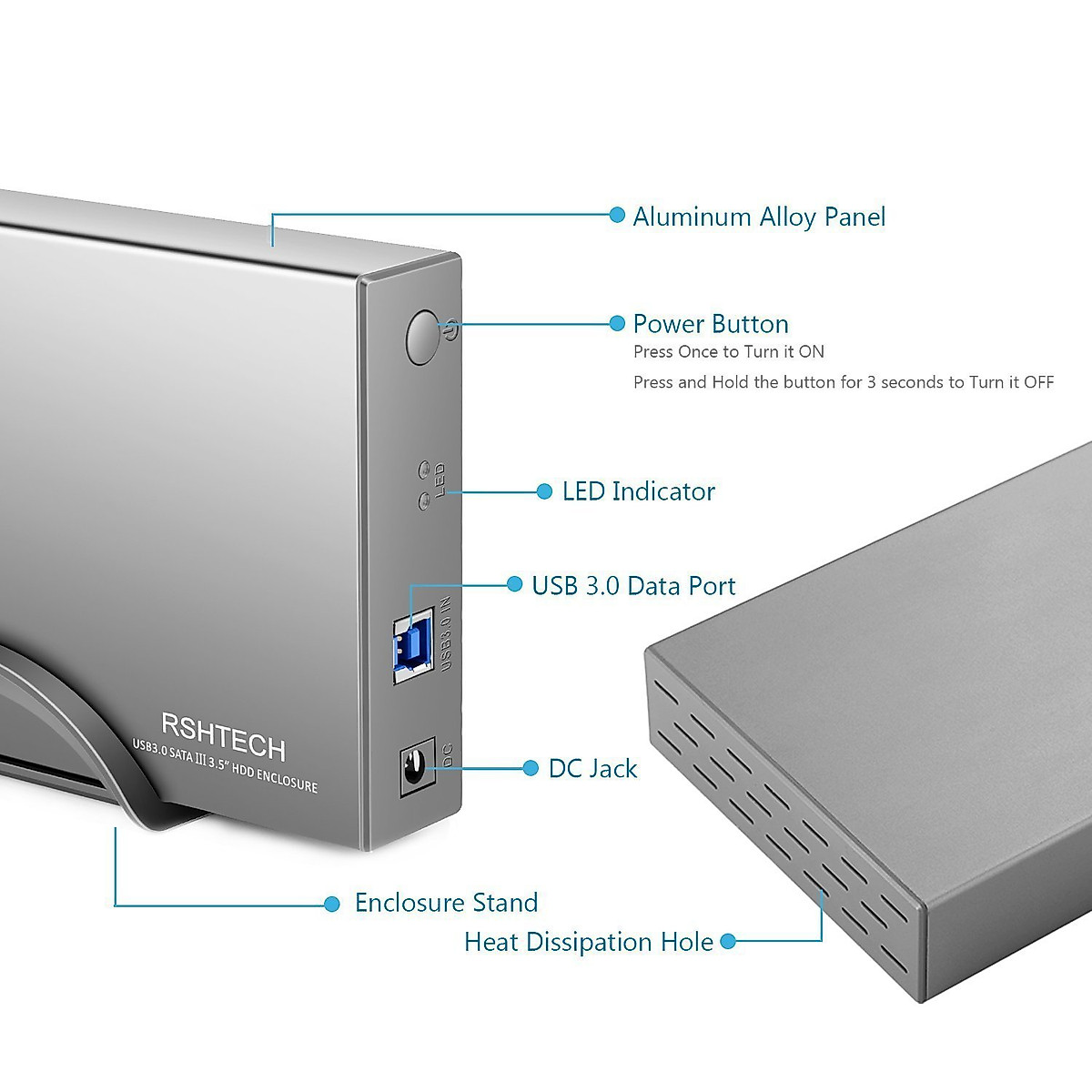 Hard Drive Enclosure RSHTECH USB 3.0 to SATA Aluminum External Hard Drive Dock Case for 3.5 inch HDD SSD up to 16TB Drives, Support UASP (RSH-339)