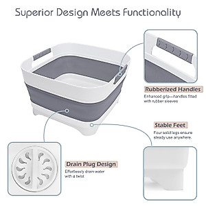 Goderewild 2024 Upgraded 2.4 Gal (9L) Collapsible Dish Basin with Drain Plug, Space Saving Multiuse Foldable Sink Tub, Dishpan, Beverage Tubs for Camping, Vegetable Washing, RV (Gray)