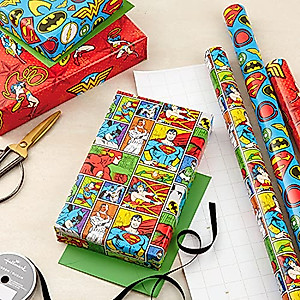 Hallmark Justice League Wrapping Paper Bundle with Cut Lines on Reverse (3 Rolls - 60 sq. ft. ttl) Wonder Woman, Batman, Superman, Flash, Green Lantern