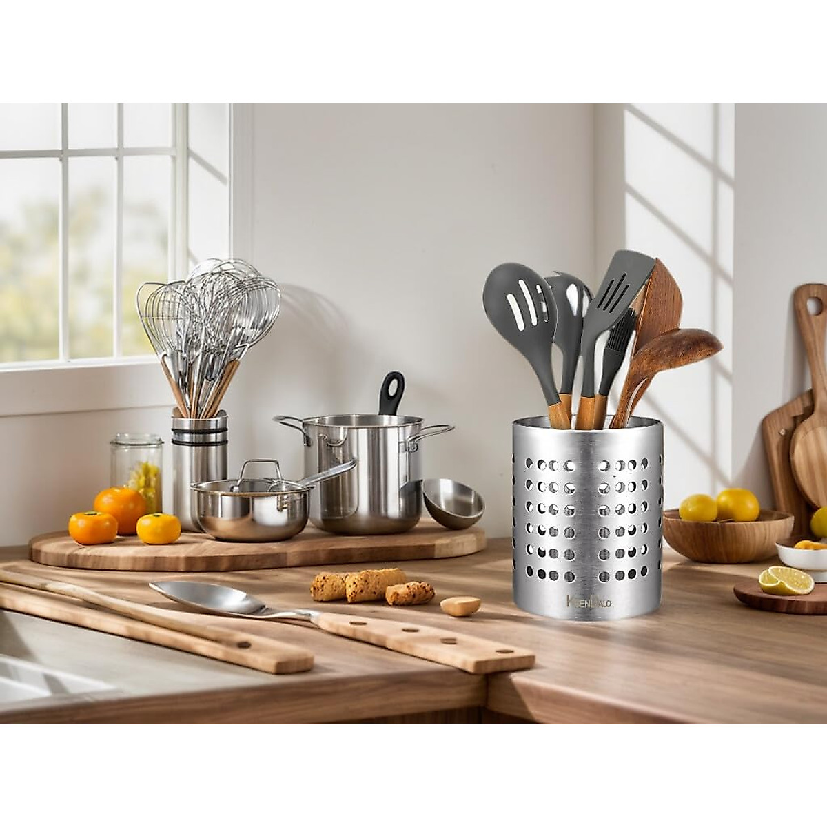 KSENDALO Kitchen Stainless Steel Utensil Holder, 18/10(304) Heavy Thick Utility Sturdy Silverware Drying Holder for Kitchen Home and Office, 7.3 Oz, Diameter 4.33"(M)