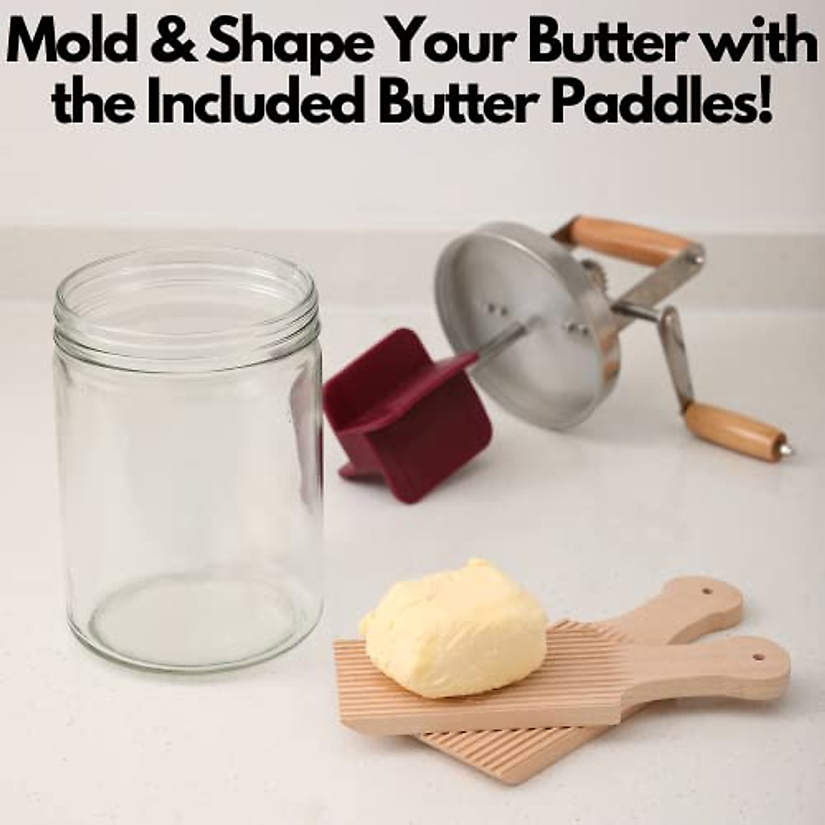 Dazey Butter Churn - Hand Crank Butter Churner- Manual Butter Maker- Beech Wood BUTTER PADDLES INCLUDED. Create Delicious Homemade Butter With Your Own Hand Crank Dazey Butter Churner (Turn N Churn)