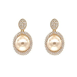 Lavencious Oval Dangle Jewelry Set Cream Color Pearl Necklace & Earrings Trendy AAA Cubic Zirconia Gold Plated For Women (Gold)