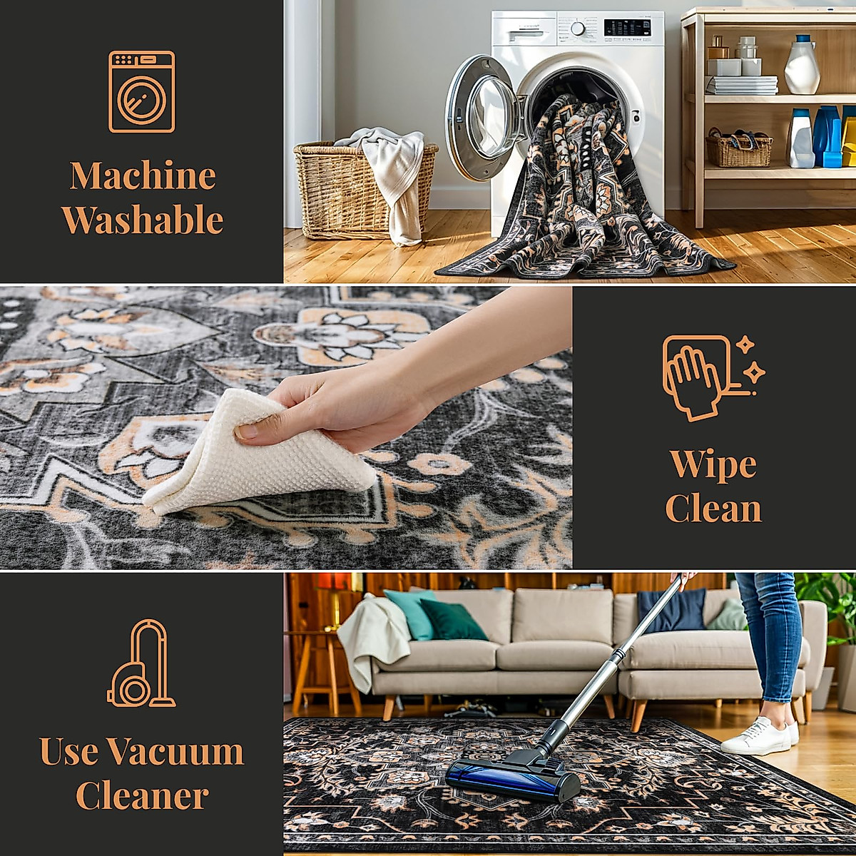 8x10 Boho Large Area Rug, Washable Rug, Ultra Soft Area Rug, Non Slip Abstract Rug Foldable, Stain Resistant Rugs for Living Room Bedroom, Vintage Fuzzy Rug(Black Yellow, 8'x10')