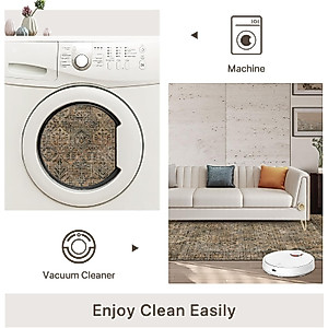 Bavni Area Rug 8x10 Machine Washable Vintage Distressed Print Ultra-Thin Chenille Bedroom Living Room Accent Rug, Low Pile Lightweight Non Slip with Gripper, Sage/Charcoal