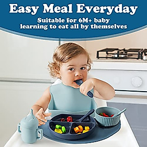 Potchen Baby Led Weaning Supplies Baby Feeding Set Toddlers Silicone Divided Suction Plate Suction Bowl, Adjustable Bib, First Stage Spoon Fork, Placemat, Straw Cup Infant Self Eating Utensil (Blue)