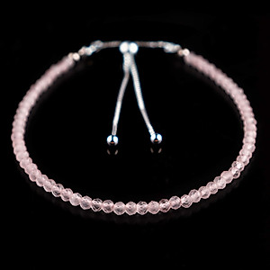 OdrillionGems Natural Rose Quartz Gemstones Bolo Bracelet, Micro-Faceted Beads, Healing Crystals, 925 Sterling Silver, Handmade, Birthstones, Adjustable Slider, Women Jewelry, Valentine Gifts, 10"
