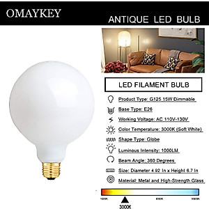 OMAYKEY 15W Dimmable Large LED Globe Bulb 100W Equivalent 1000 Lumens, 3000K Soft White E26 Medium Base, Vintage Edison G125 Large Globe Edison Style LED Filament Light Bulb, Deep Dimming Version