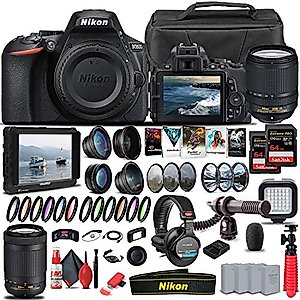 Nikon D5600 DSLR Camera with 18-140mm Lens (1577) + Nikon 70-300mm Lens + 4K Monitor + Pro Headphones + Pro Mic + 2 x 64GB Memory Card + Case + Corel Photo Software + Pro Tripod + More (Renewed)