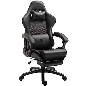 Dowinx Gaming/Office PC Chair with Massage Lumbar Support, Vintage Style PU Leather High Back Adjustable Swivel Task Chair with Footrest (Black and Red)
