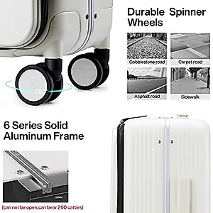 Hanke 20 Inch Carry On Luggage with Front Pocket Aluminum Frame （Can Not Open in The Middle） Hard Shell Suitcases with Wheels Rolling Luggage Suitcase with Lock Travel Luggage for Weekender-Smoke White