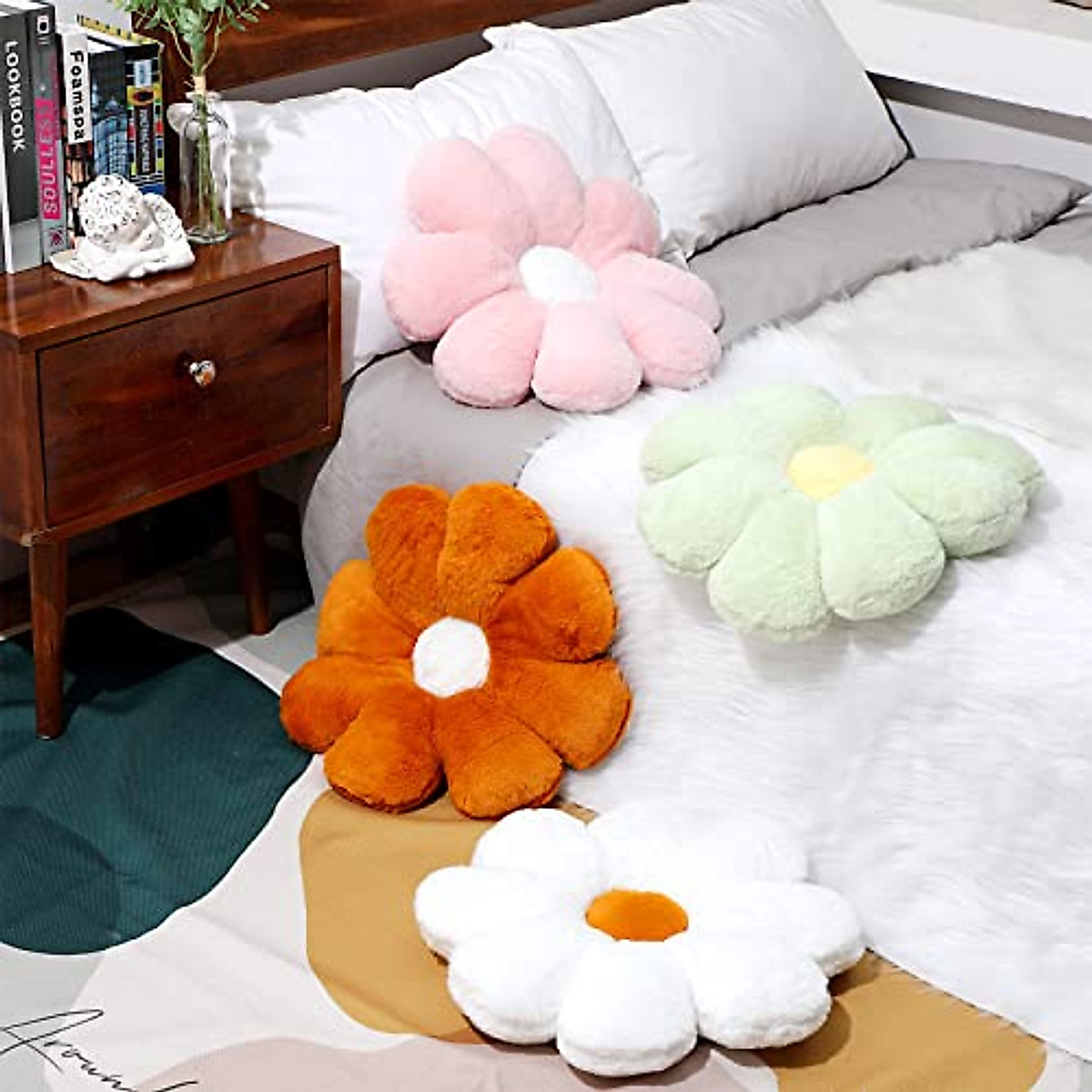 4 Pcs 18 Inch Flower Pillow Daisy Shaped Floor Pillows Cute Throw Pillow Decorative Cushions for Bedroom Sofa Chair Room Decor(White, Brown, Pink, Light Green)