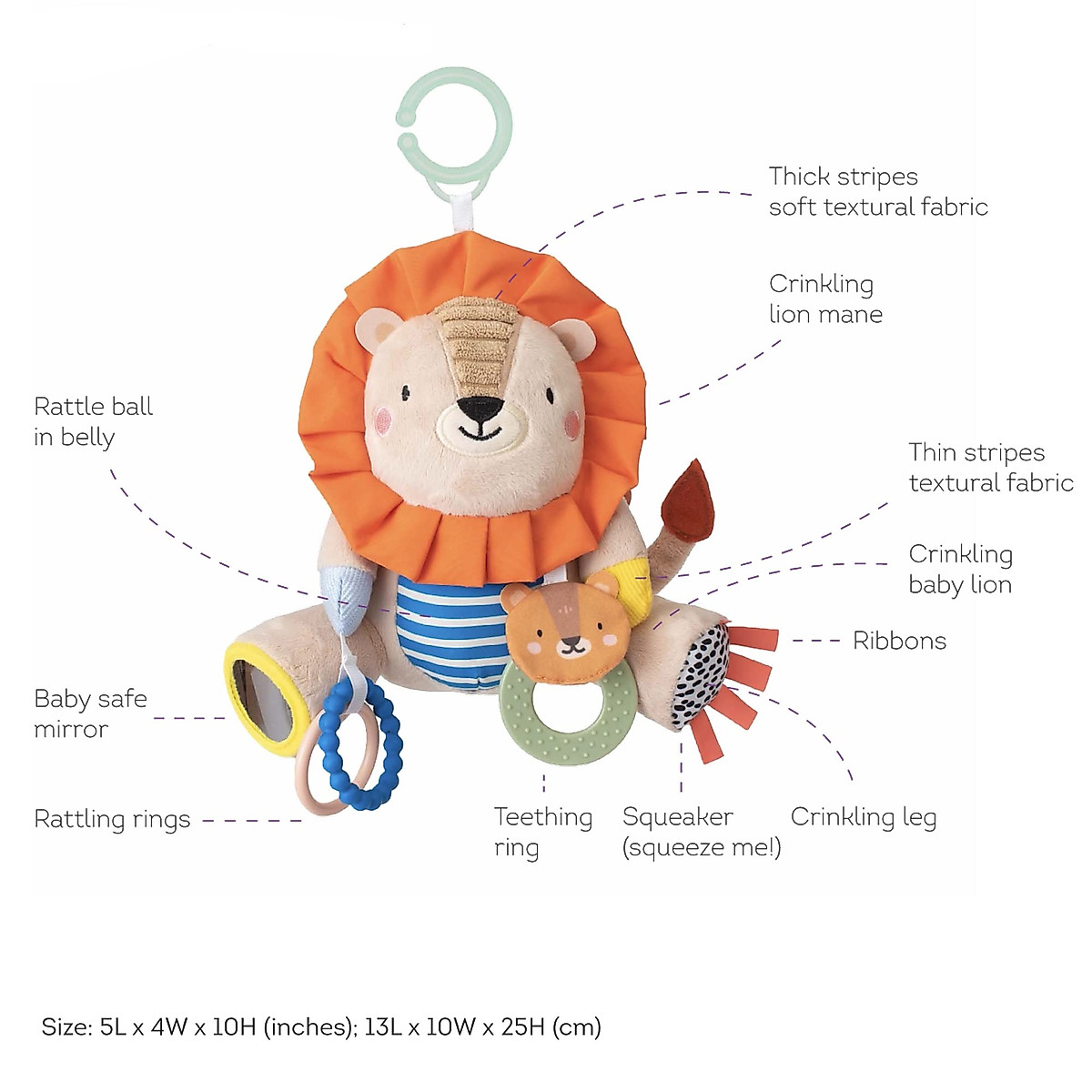 Taf Toys Harry The Lion, Newborn & Baby Developmental Soft Activity Toy. Helps Develop Motor Skills. Perfect for Multi Sensory Play with a Mirror, Teethers & Rattles. Textures and Sounds. 3-6 Months